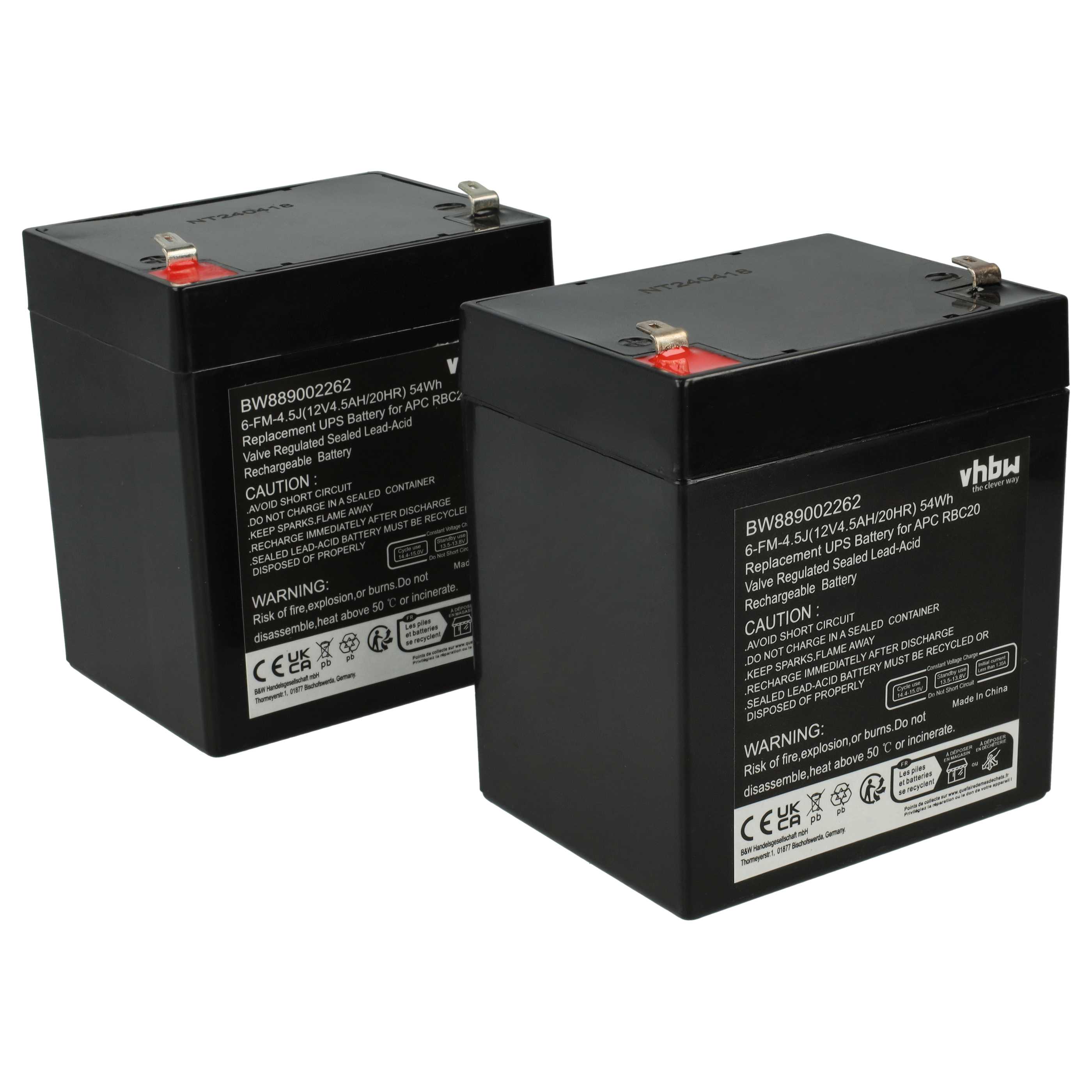 Batterie (2 pcs.) remplace APC RBC20 ASI - 4500mAh 12V AGM | 889002262